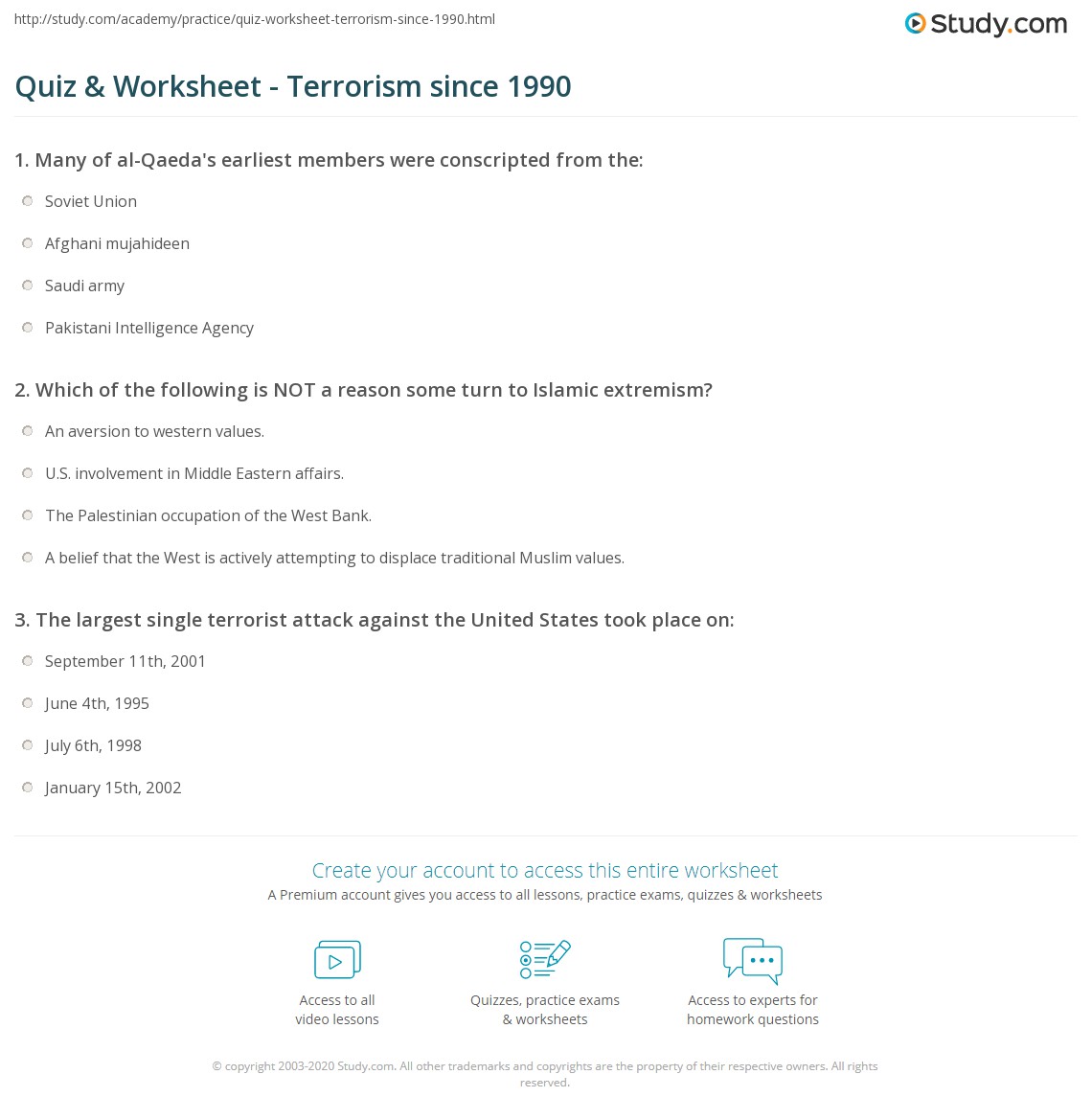 Quiz & Worksheet - Terrorism since 1990 | Study.com