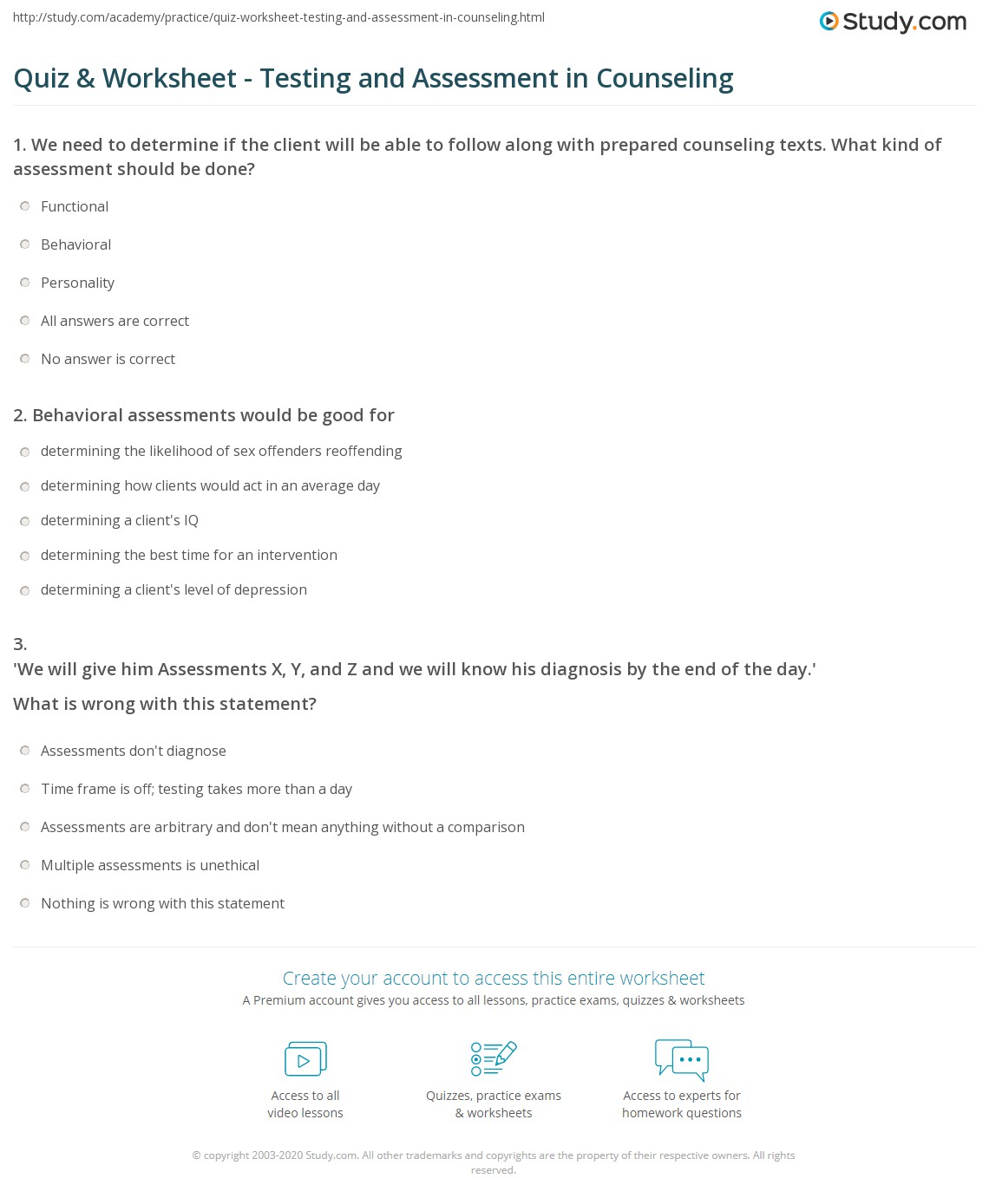 Quiz & Worksheet - Testing and Assessment in Counseling | Study.com