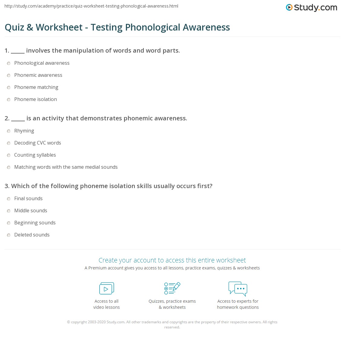 Quiz & Worksheet - Testing Phonological Awareness | Study.com