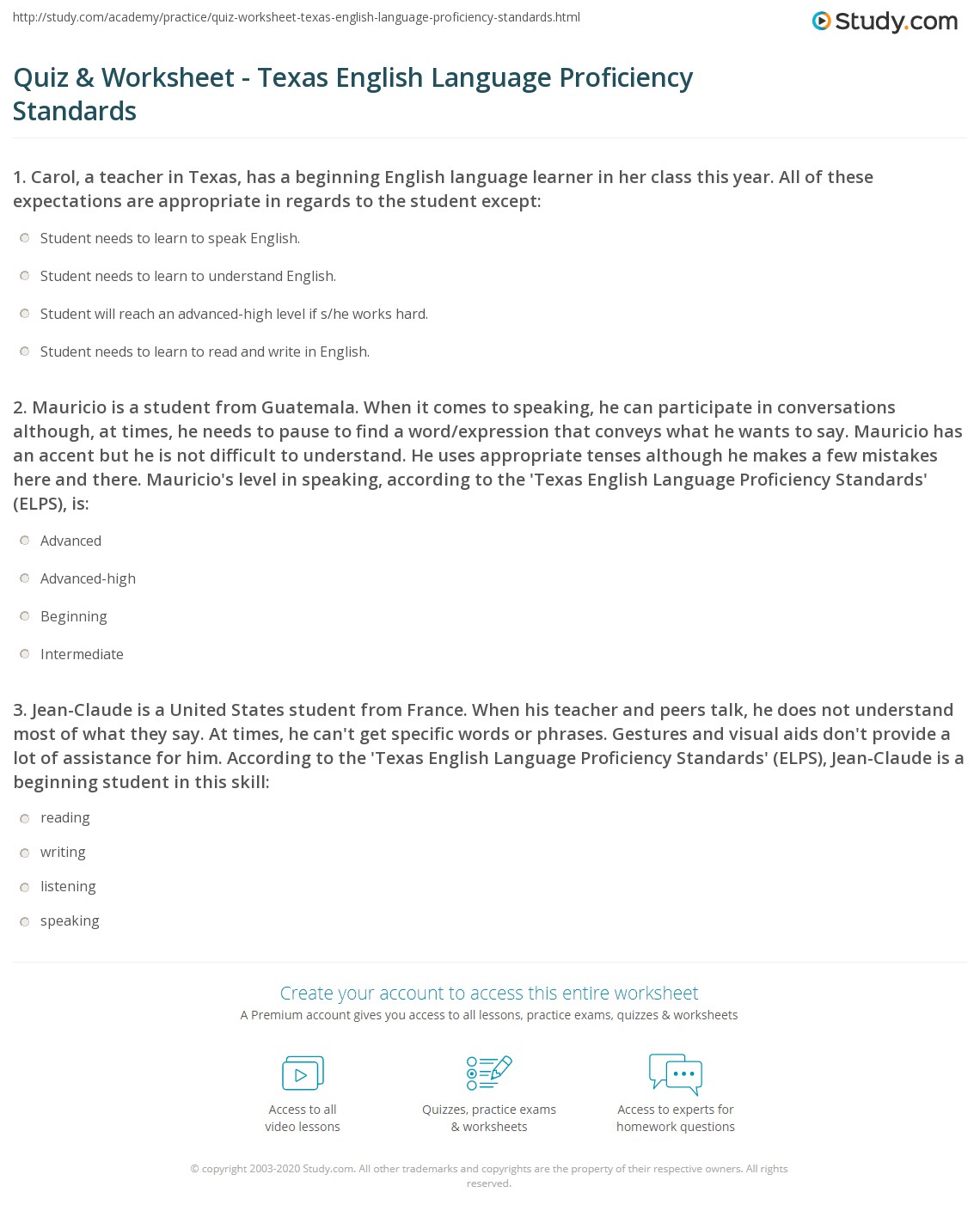 Quiz Worksheet Texas English Language Proficiency Standards Study