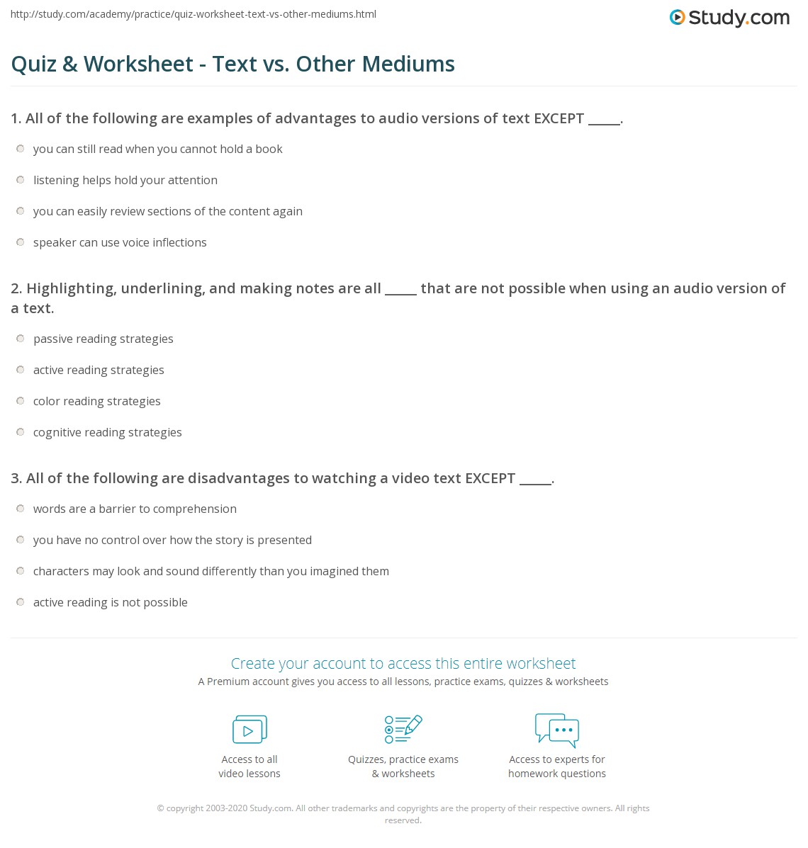 Quiz & Worksheet - Text vs. Other Mediums | Study.com