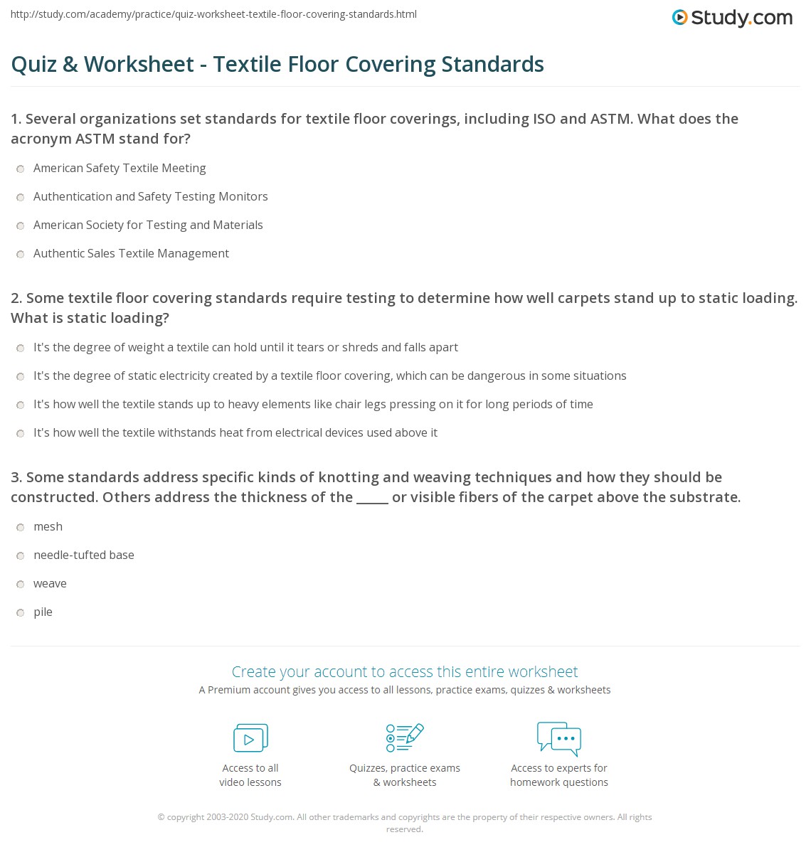 Quiz & Worksheet - Textile Floor Covering Standards | Study.com