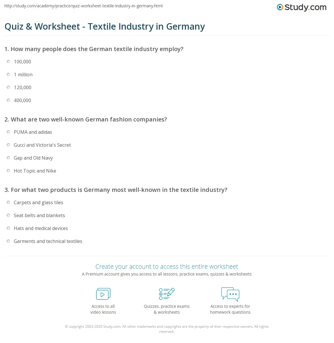 Quiz & Worksheet - Textile Industry in Germany | Study.com