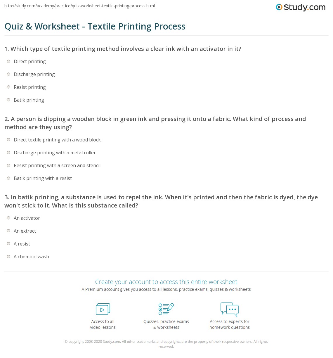 Quiz & Worksheet - Textile Printing Process | Study.com