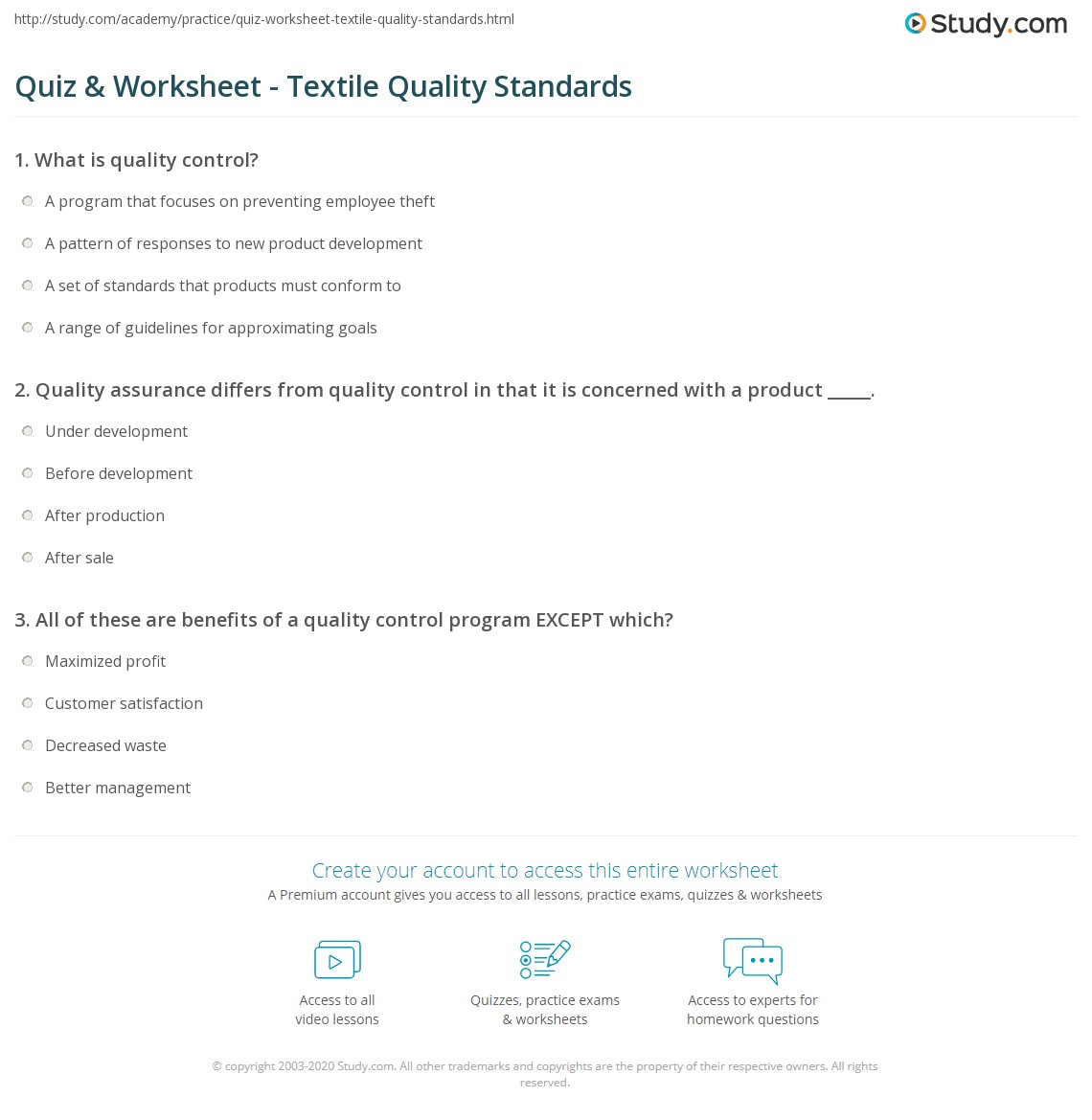 Quiz & Worksheet - Textile Quality Standards | Study.com