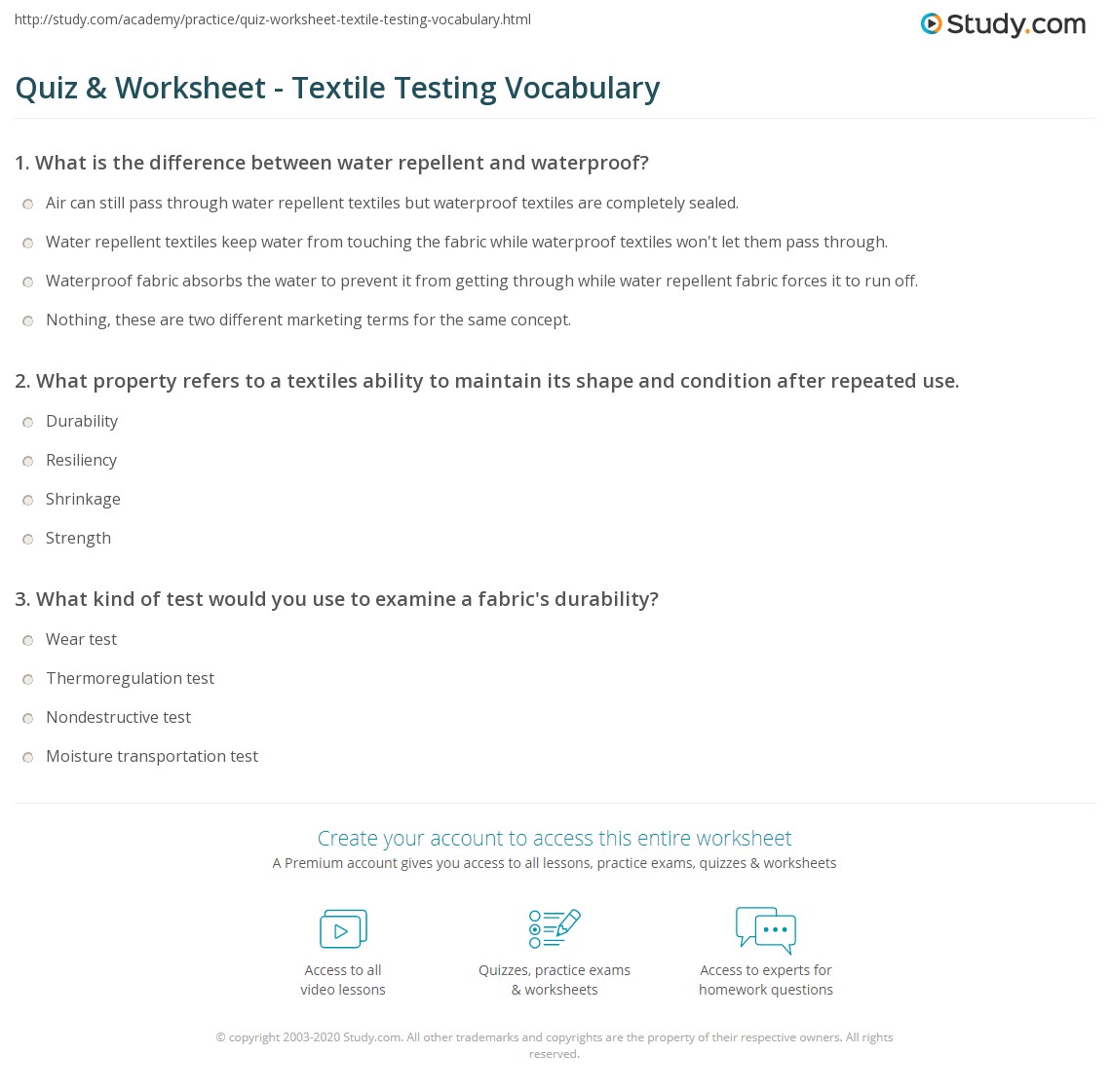 Quiz & Worksheet - Textile Testing Vocabulary | Study.com