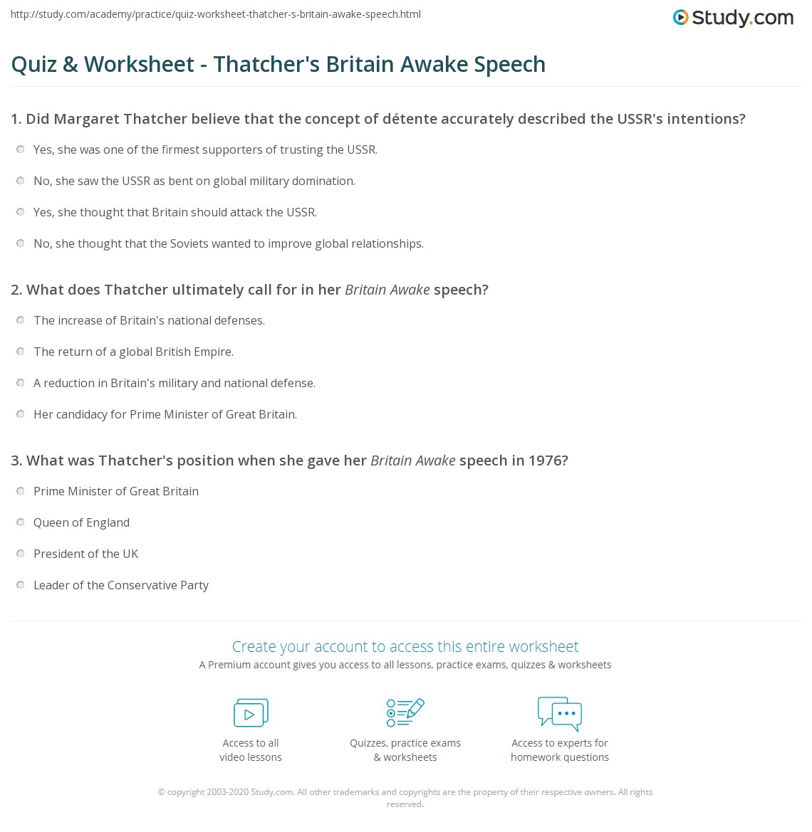 Quiz & Worksheet - Thatcher's Britain Awake Speech | Study.com