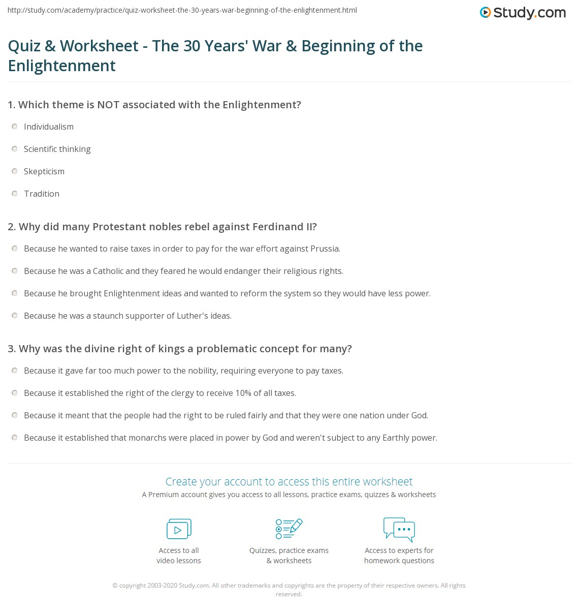 Quiz & Worksheet - The 30 Years' War & Beginning of the Enlightenment ...