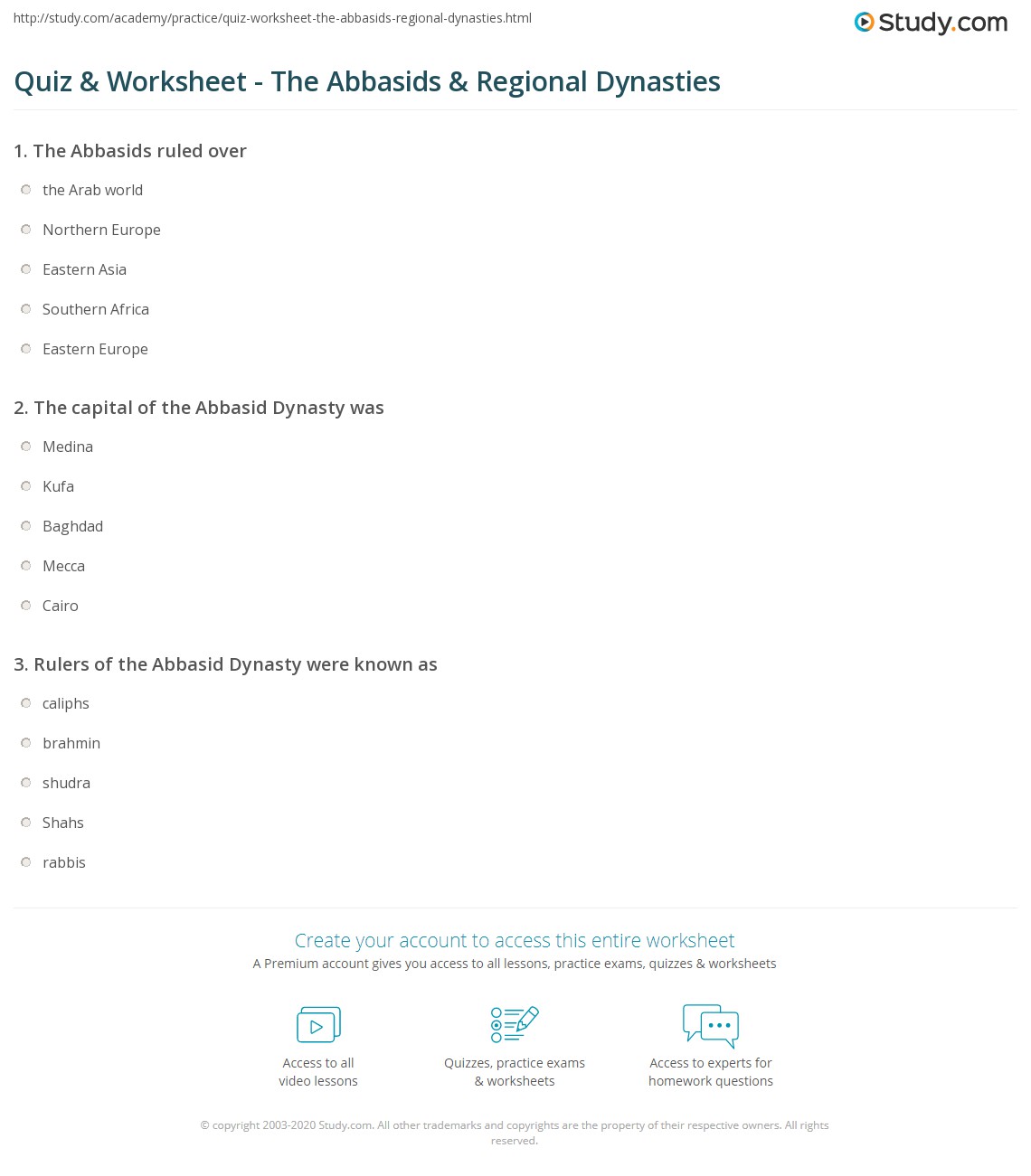 Quiz & Worksheet - The Abbasids & Regional Dynasties | Study.com