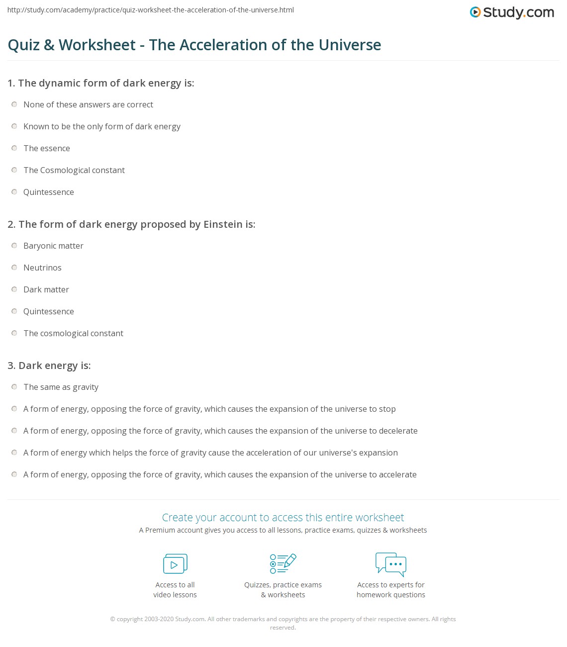Quiz & Worksheet - The Acceleration of the Universe | Study.com