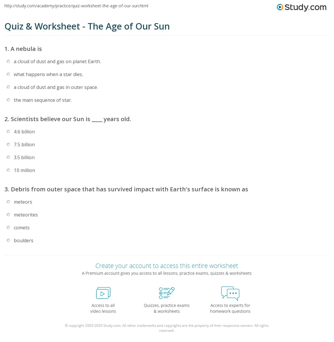 Quiz & Worksheet - The Age of Our Sun | Study.com