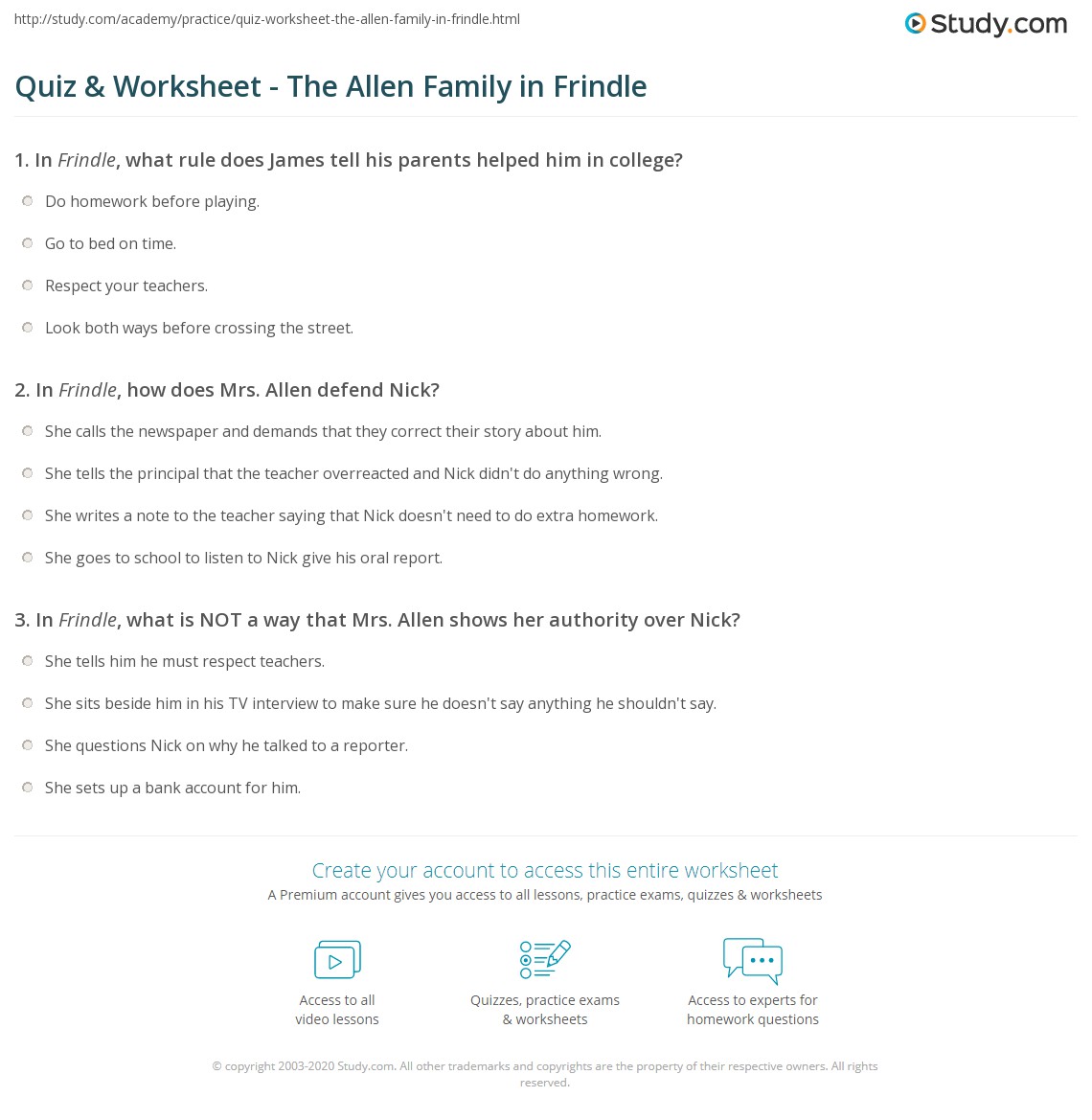 Quiz & Worksheet - The Allen Family in Frindle | Study.com
