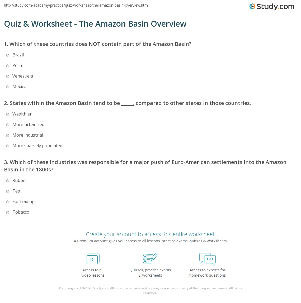 Quiz & Worksheet - The Amazon Basin Overview | Study.com