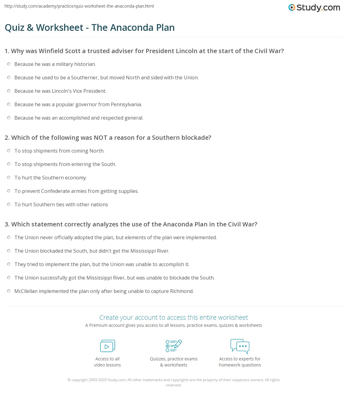 Quiz & Worksheet - The Anaconda Plan | Study.com