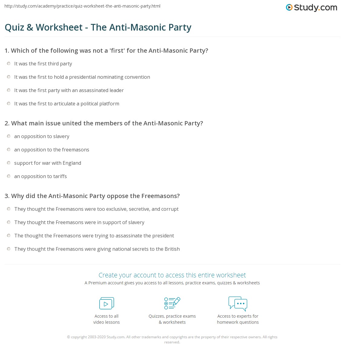 Quiz & Worksheet - The Anti-Masonic Party | Study.com