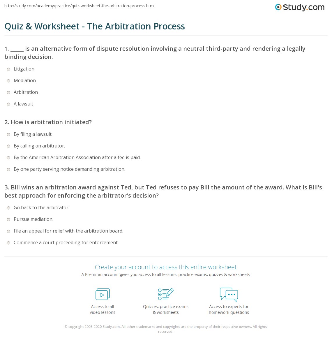 Quiz & Worksheet - The Arbitration Process | Study.com