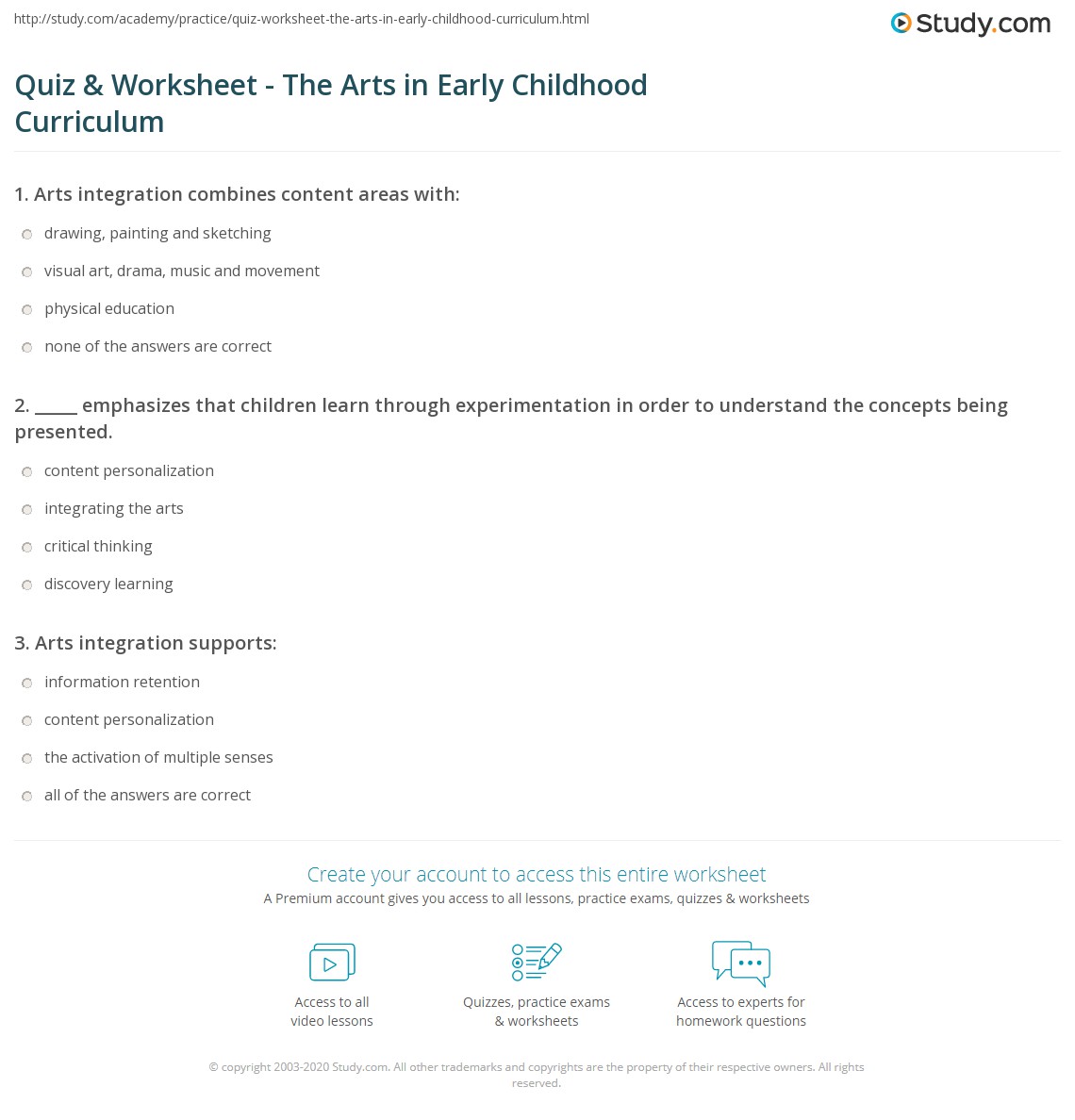 Quiz & Worksheet - The Arts in Early Childhood Curriculum | Study.com