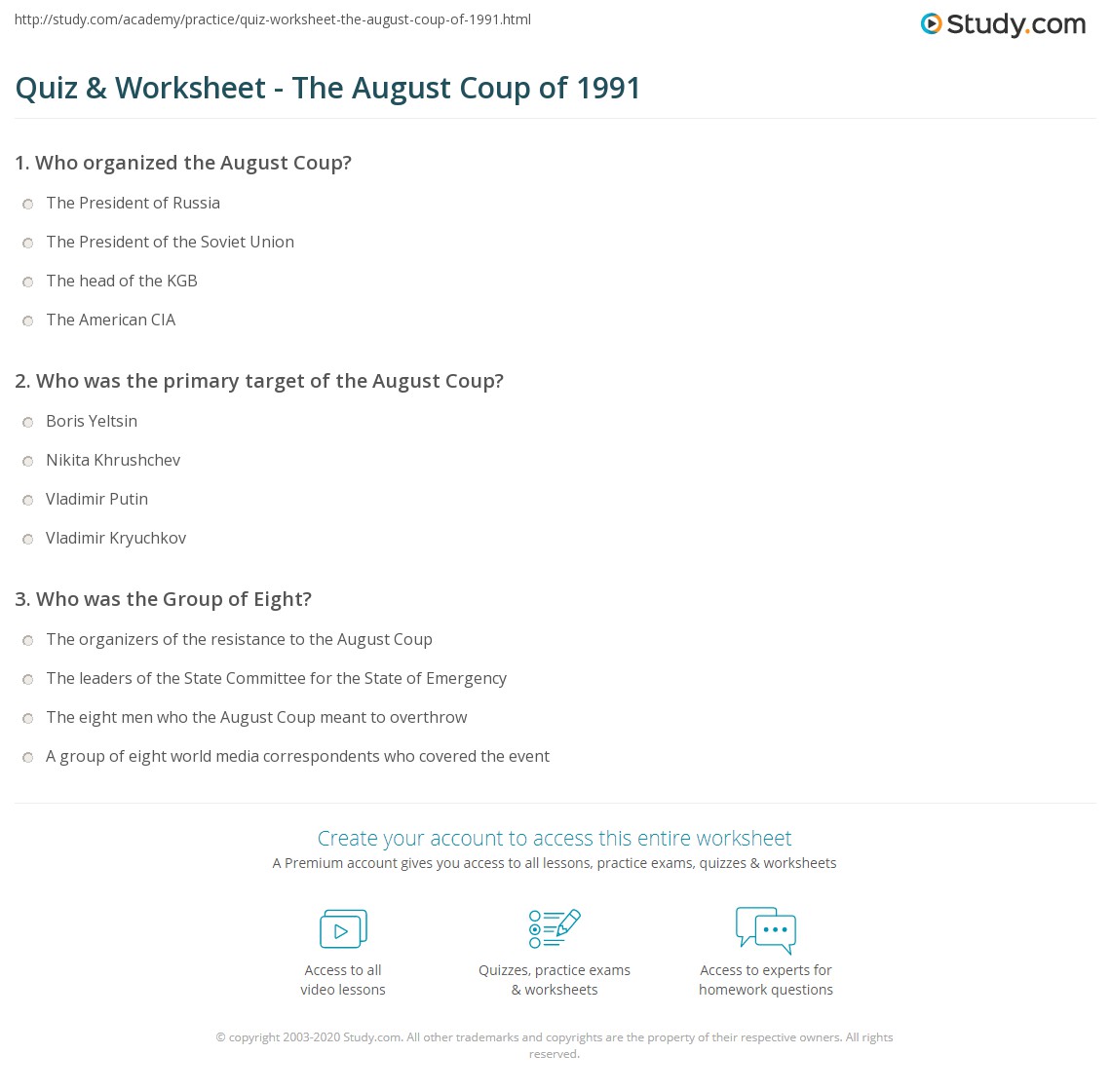 Quiz & Worksheet - The August Coup of 1991 | Study.com