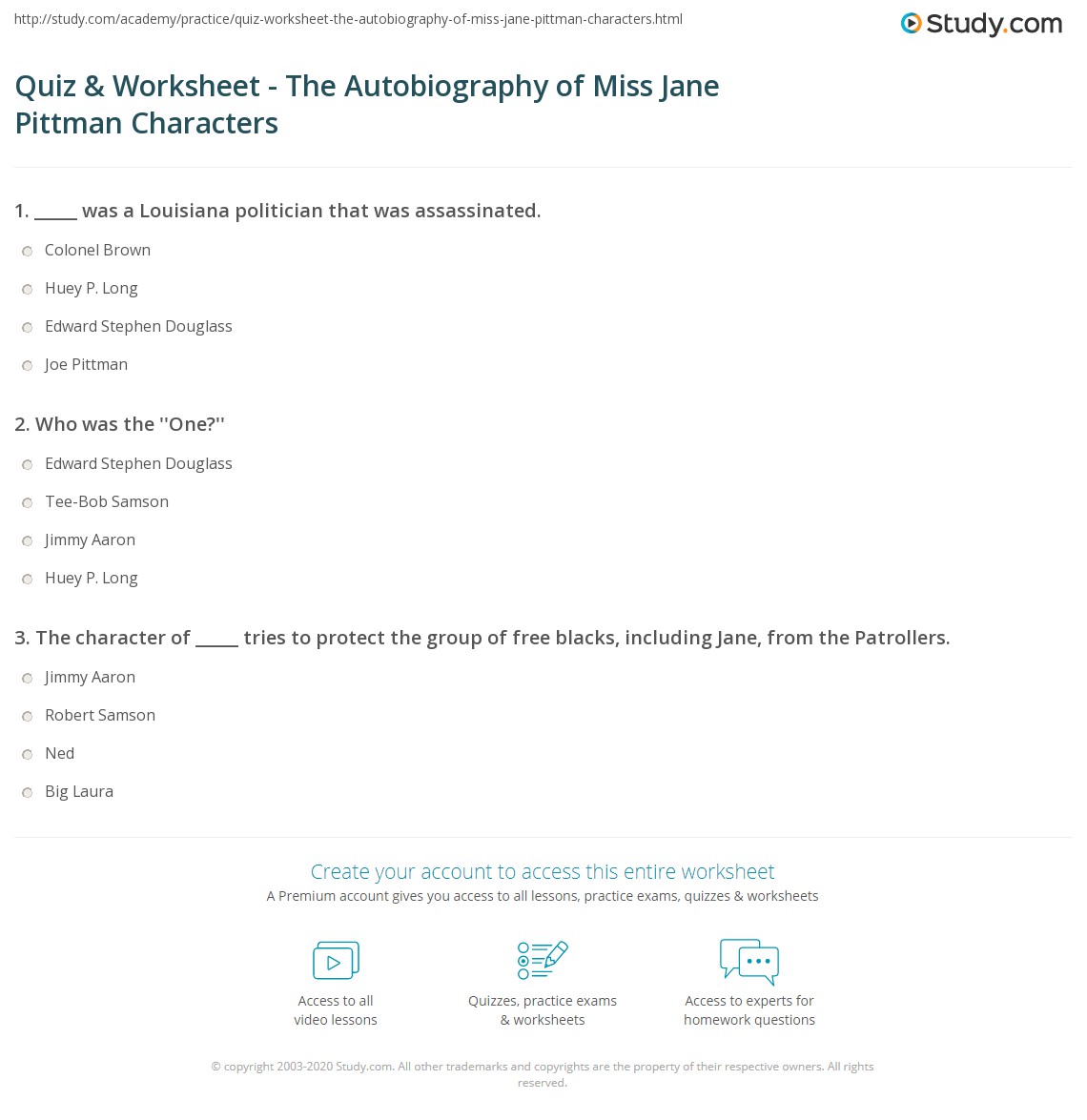 Quiz & Worksheet - The Autobiography of Miss Jane Pittman Characters ...