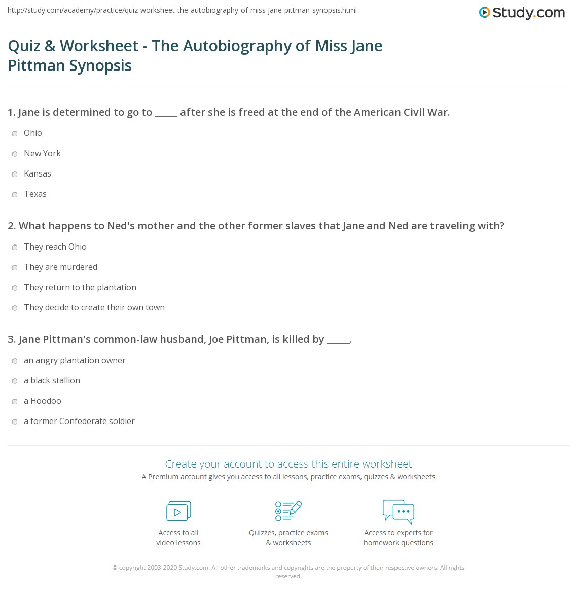 Quiz & Worksheet - The Autobiography of Miss Jane Pittman Synopsis ...