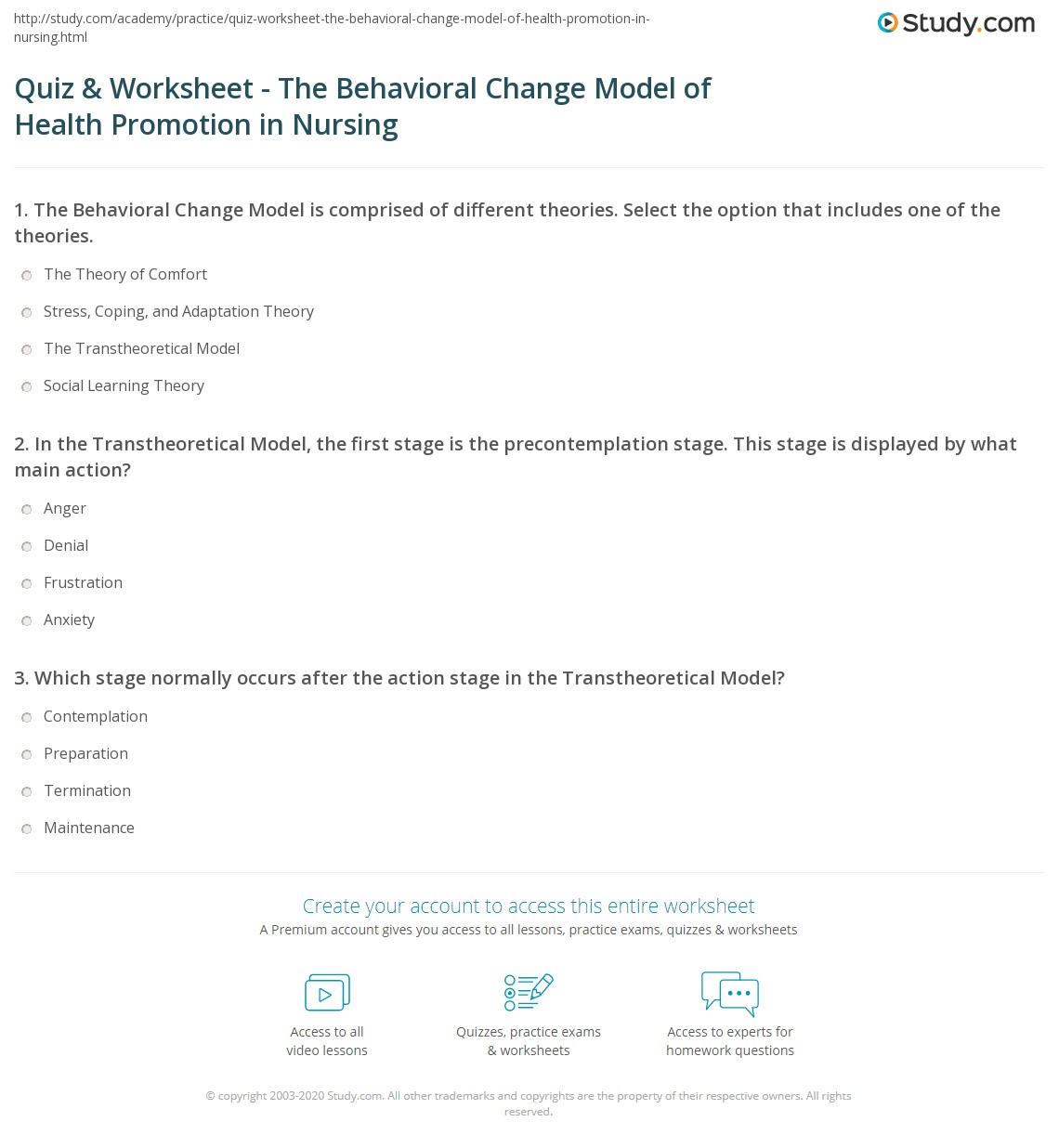 Quiz & Worksheet - The Behavioral Change Model of Health Promotion in ...