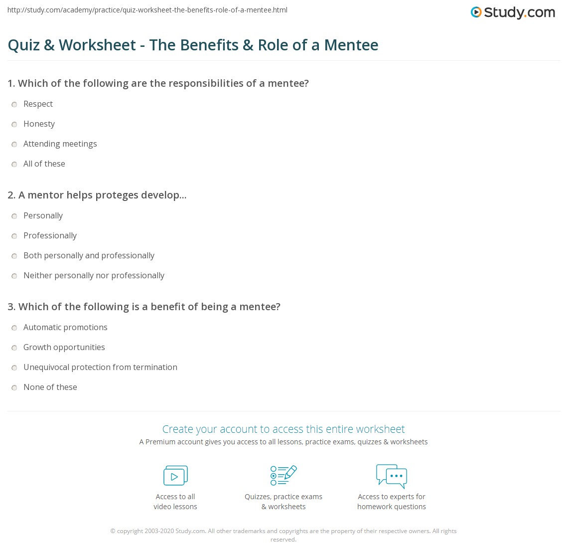 Quiz & Worksheet - The Benefits & Role of a Mentee | Study.com