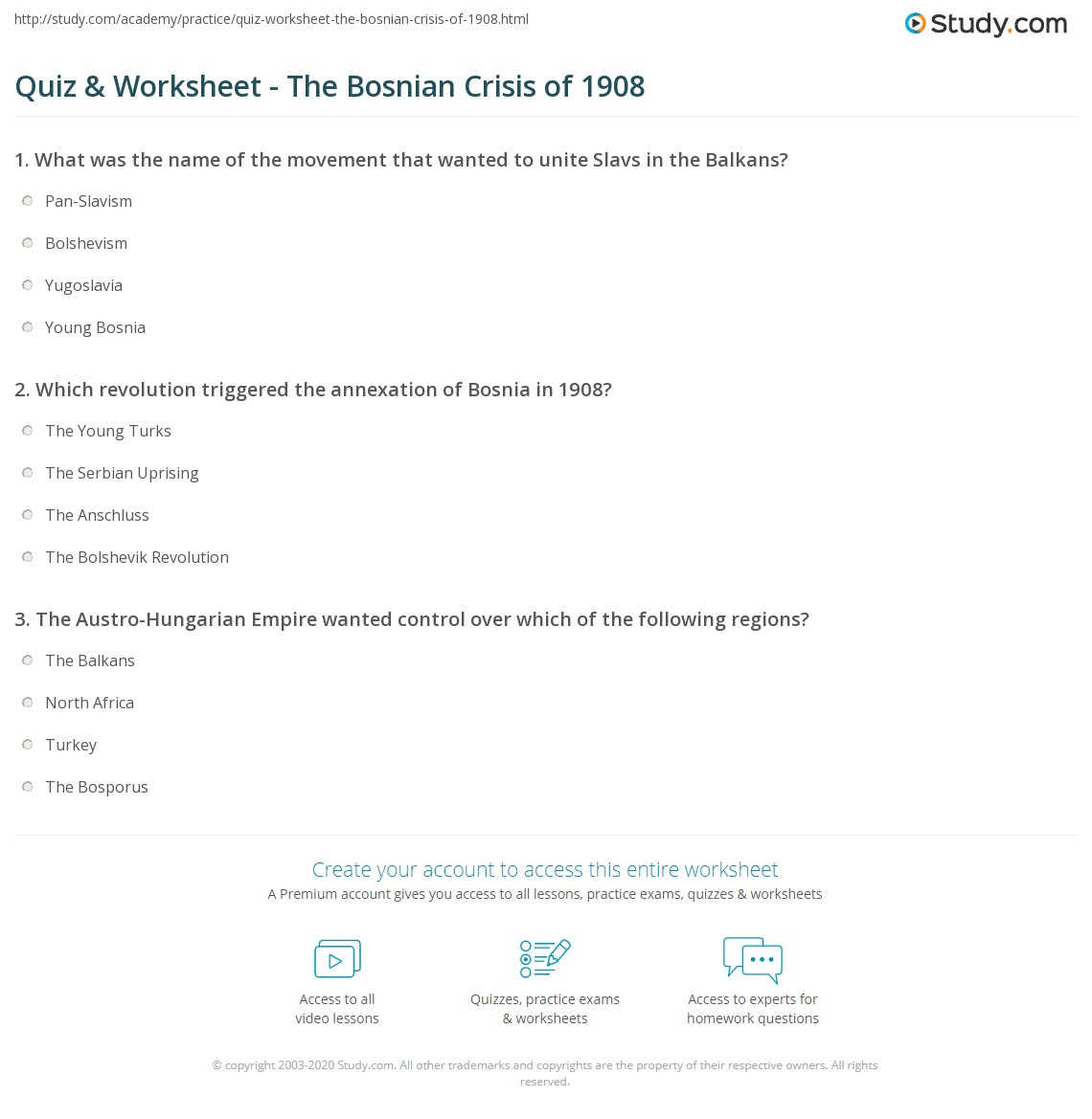 Quiz & Worksheet - The Bosnian Crisis of 1908 | Study.com