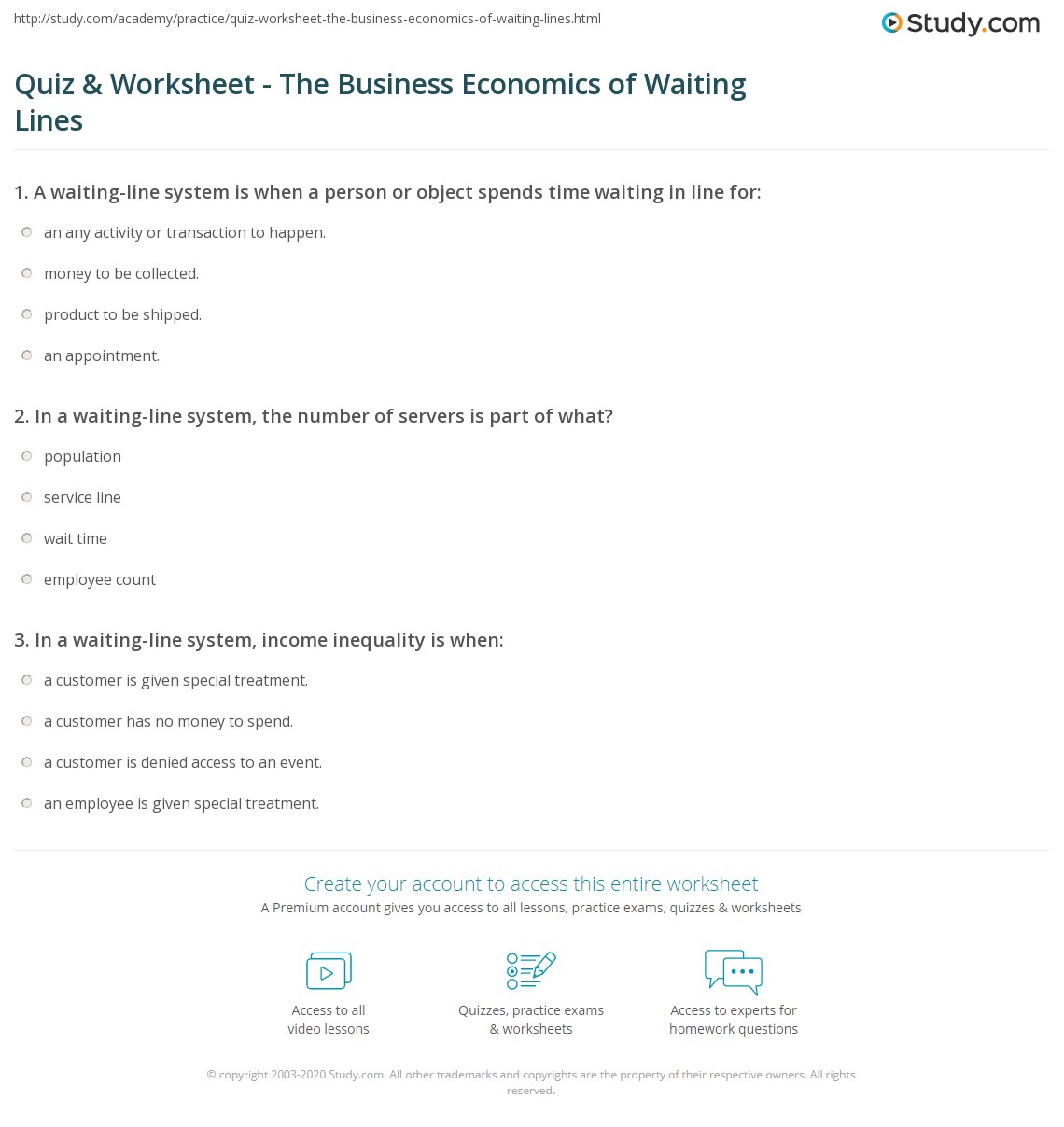 Quiz & Worksheet - The Business Economics of Waiting Lines | Study.com