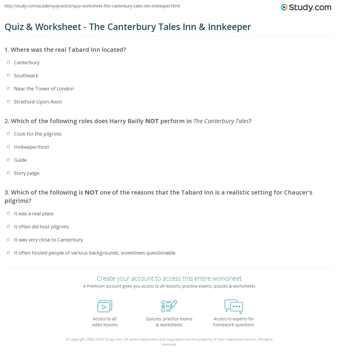 Quiz & Worksheet - The Canterbury Tales Inn & Innkeeper | Study.com