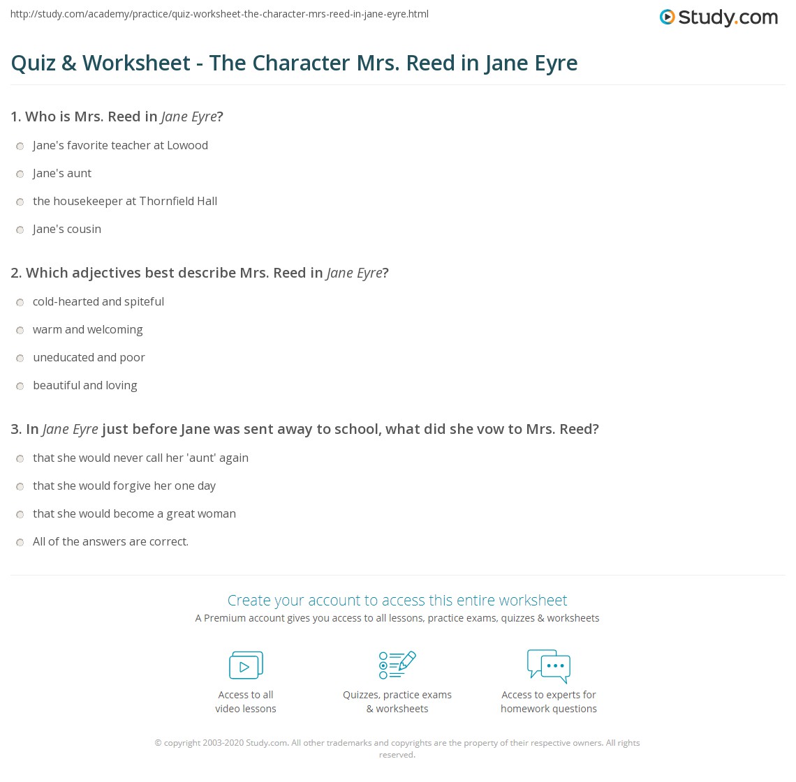 Quiz & Worksheet - The Character Mrs. Reed in Jane Eyre | Study.com