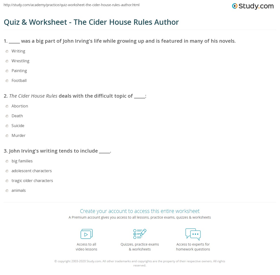 Quiz & Worksheet - The Cider House Rules Author | Study.com