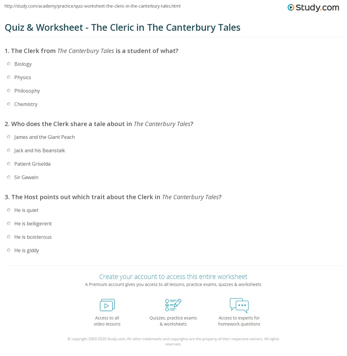 Quiz & Worksheet - The Cleric in The Canterbury Tales | Study.com