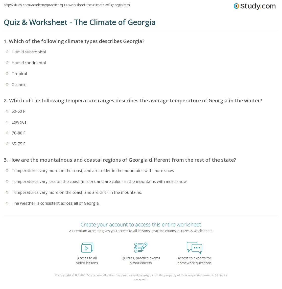 Quiz & Worksheet - The Climate of Georgia | Study.com