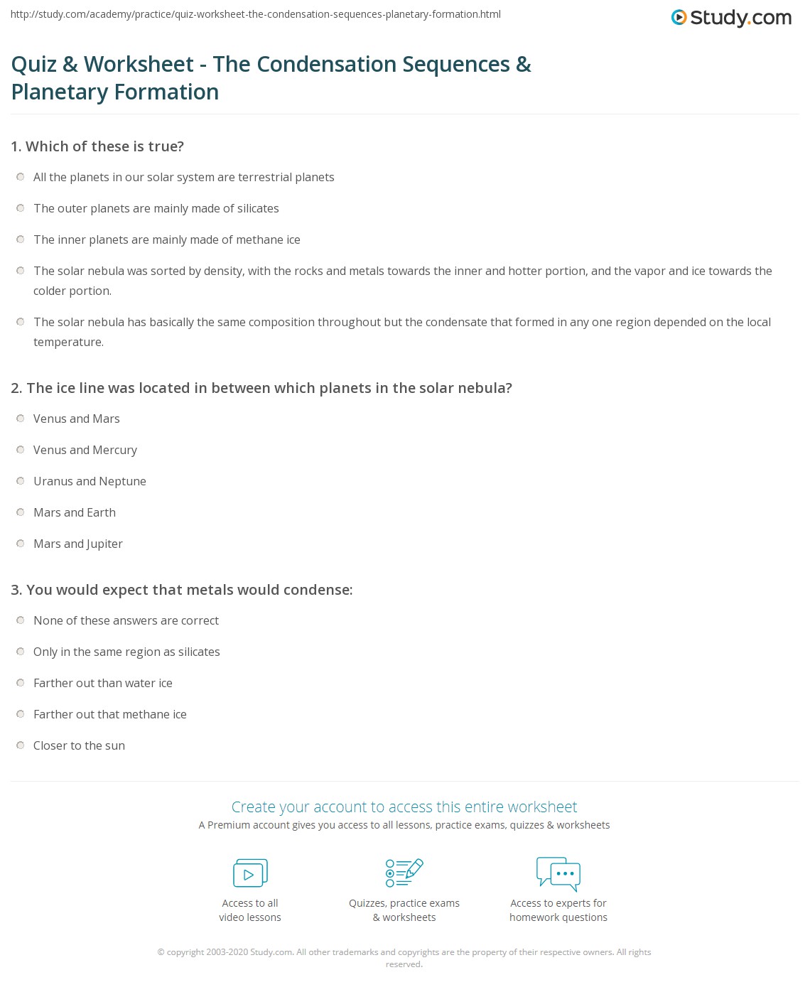 Quiz & Worksheet - The Condensation Sequences & Planetary Formation ...