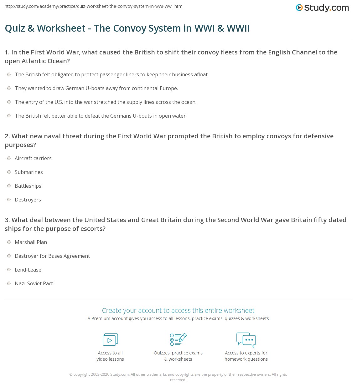 Quiz & Worksheet - The Convoy System in WWI & WWII | Study.com