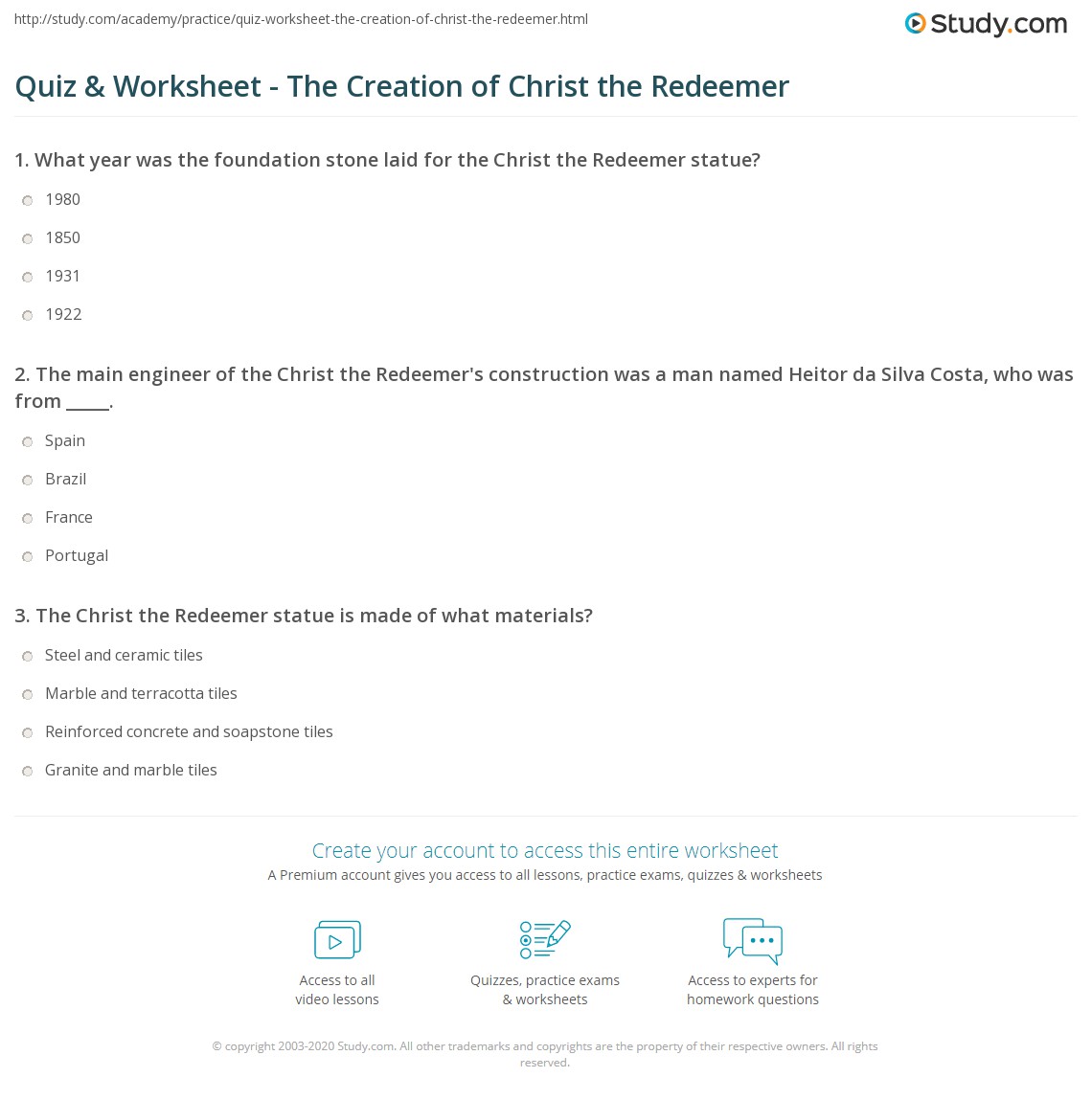 Quiz & Worksheet - The Creation of Christ the Redeemer | Study.com
