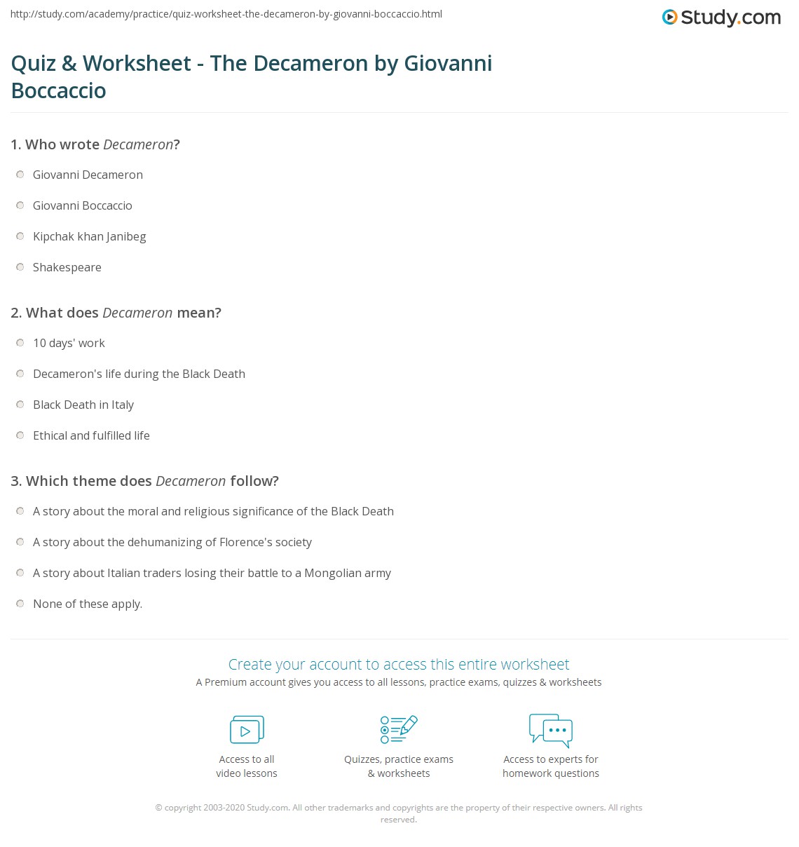 Quiz & Worksheet - The Decameron by Giovanni Boccaccio | Study.com