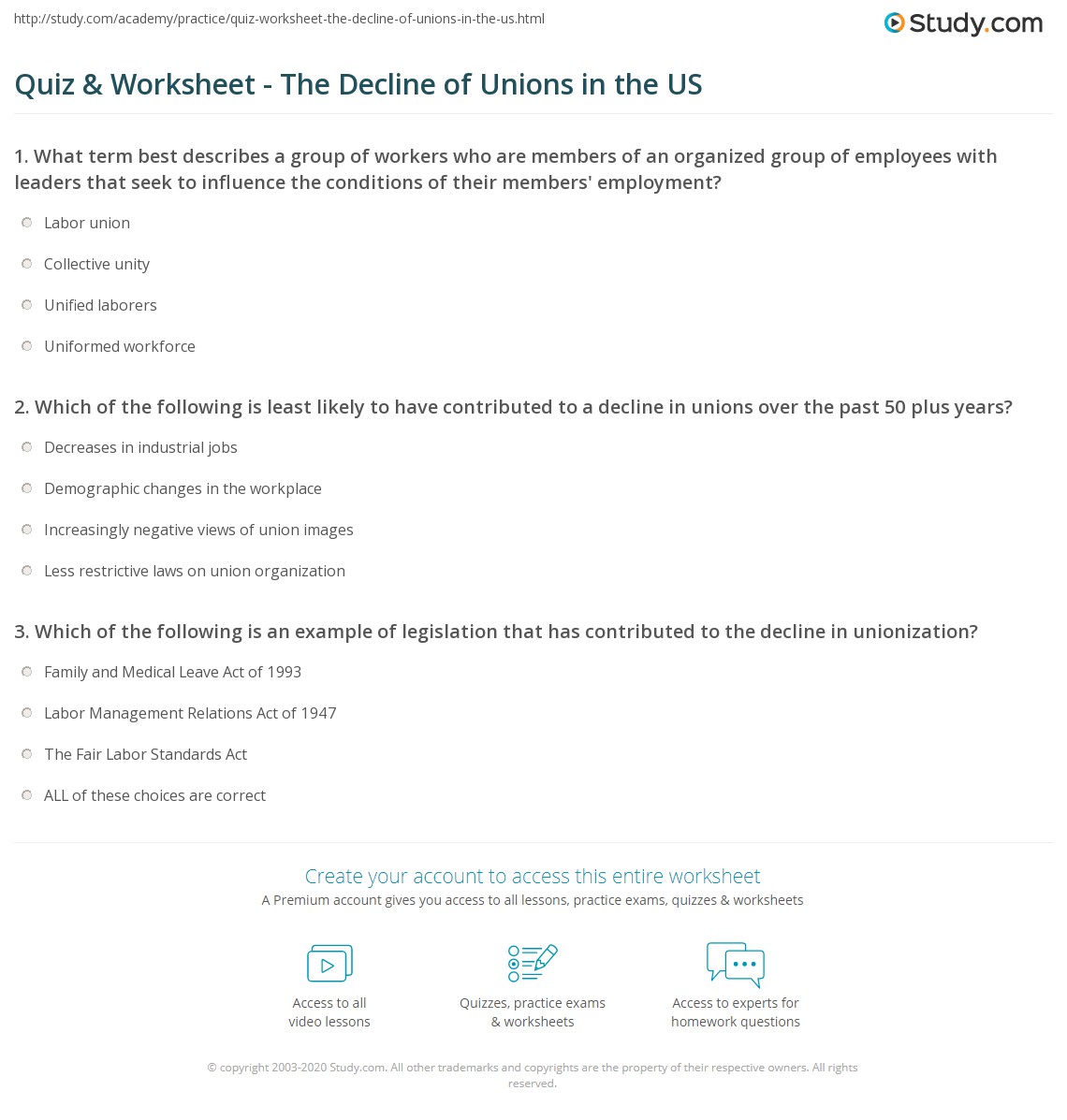 Quiz & Worksheet - The Decline of Unions in the US | Study.com