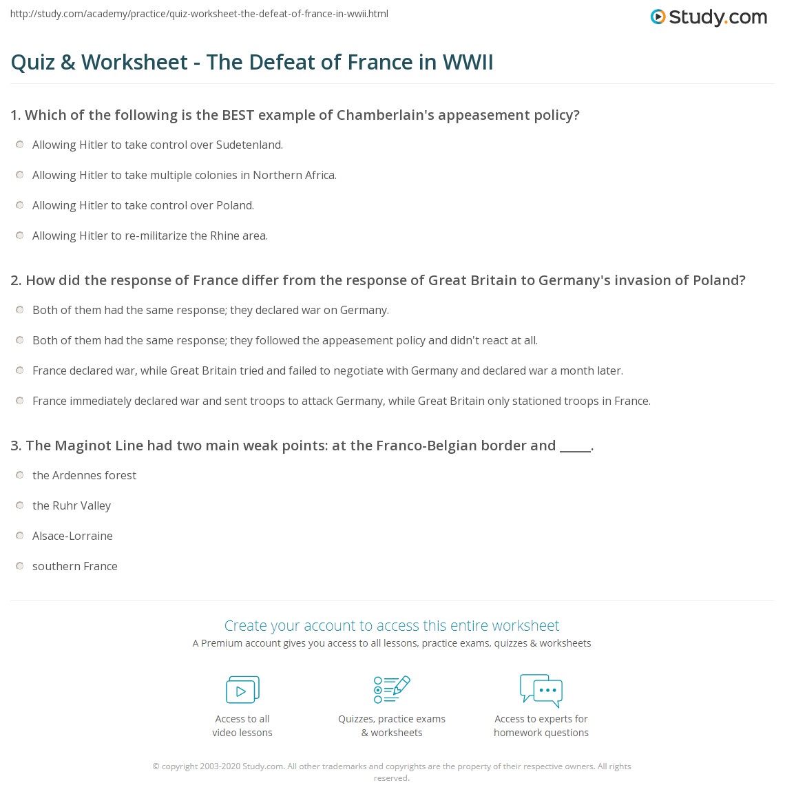 Quiz & Worksheet - The Defeat of France in WWII | Study.com