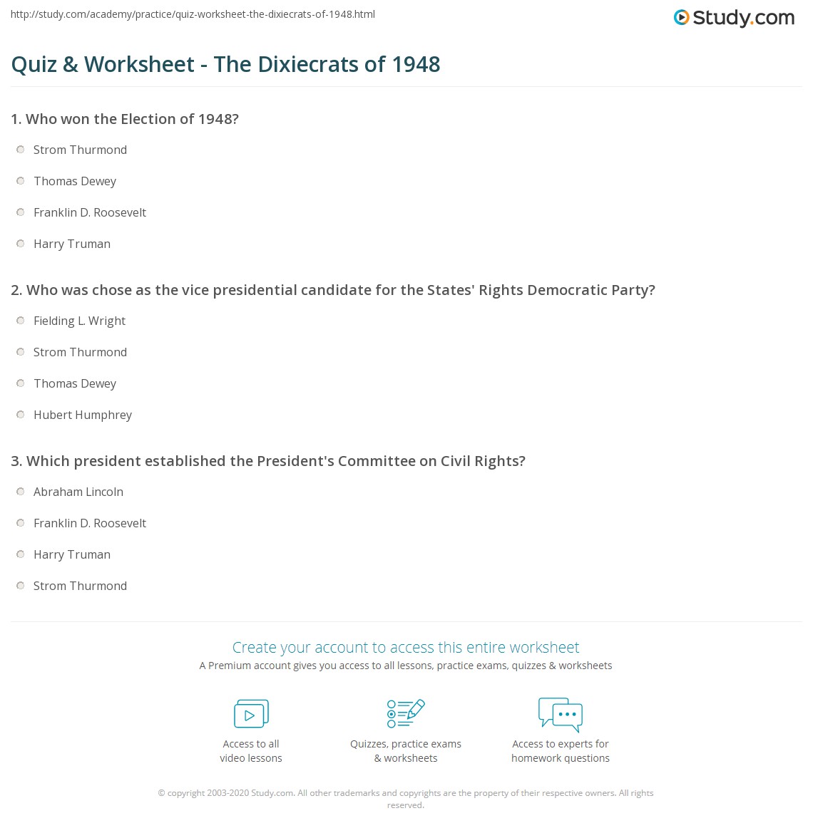 Quiz & Worksheet - The Dixiecrats of 1948 | Study.com