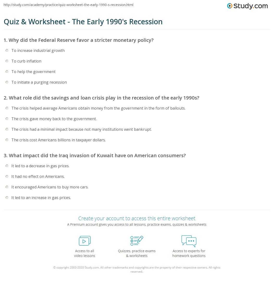 Quiz & Worksheet - The Early 1990's Recession | Study.com