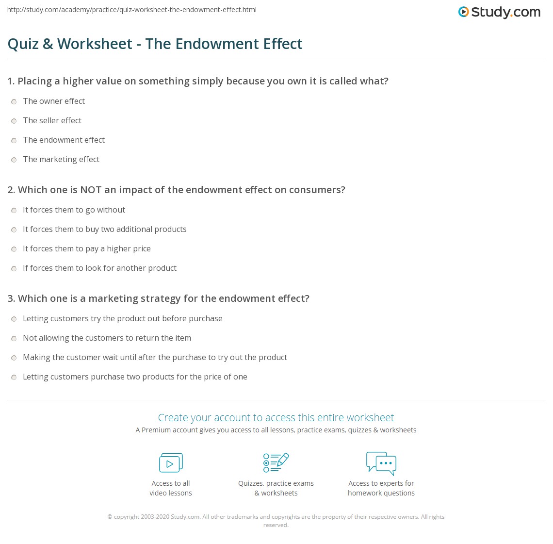 Quiz & Worksheet - The Endowment Effect | Study.com