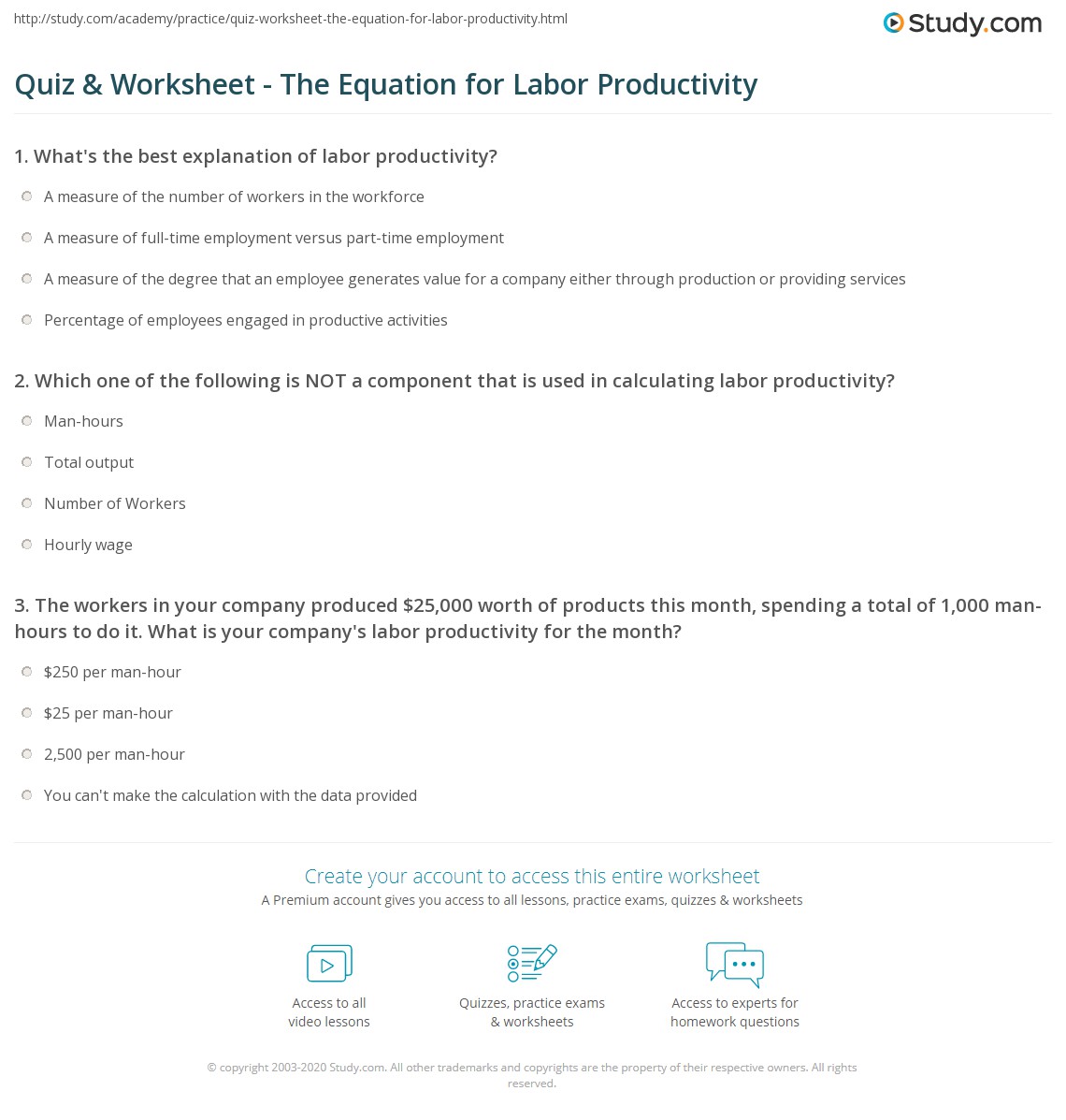 Quiz & Worksheet - The Equation for Labor Productivity | Study.com