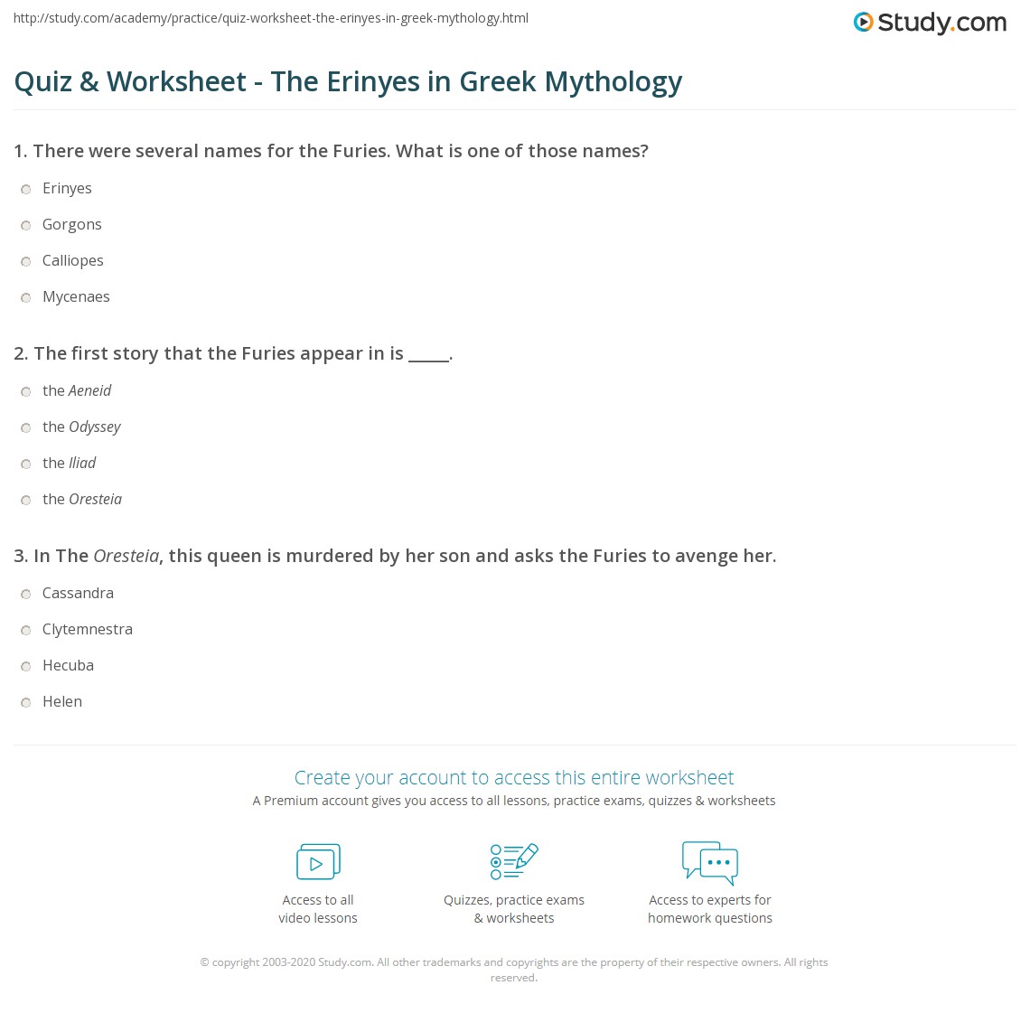 Quiz & Worksheet - The Erinyes in Greek Mythology | Study.com