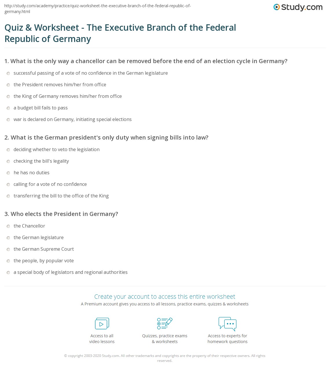 Quiz & Worksheet - The Executive Branch of the Federal Republic of ...