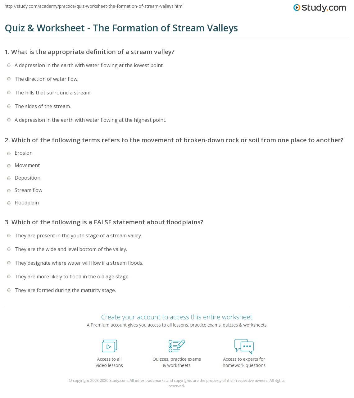 Quiz & Worksheet - The Formation of Stream Valleys | Study.com