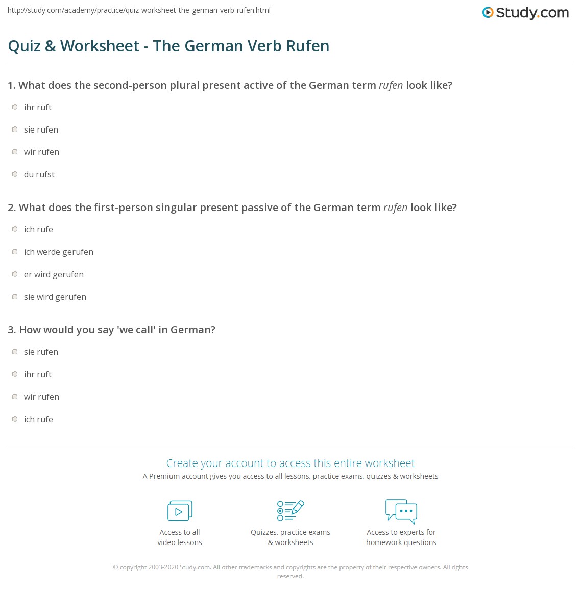 Quiz & Worksheet - The German Verb Rufen | Study.com
