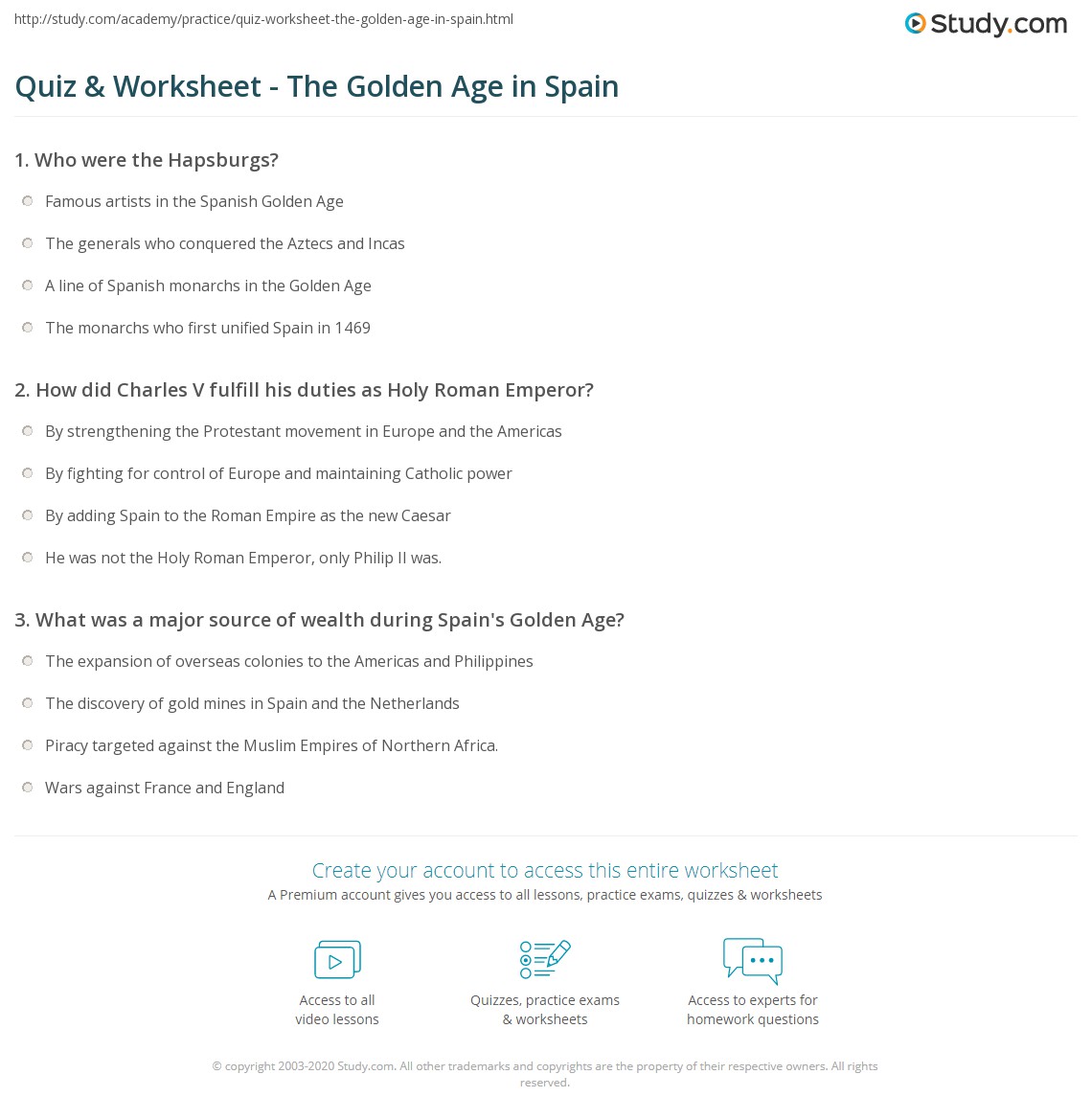 Quiz & Worksheet - The Golden Age in Spain | Study.com
