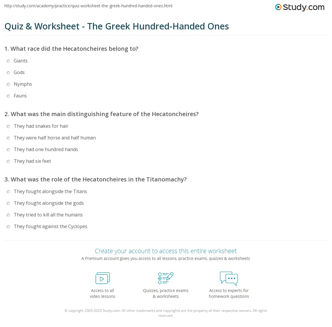 Quiz & Worksheet - The Greek Hundred-Handed Ones | Study.com
