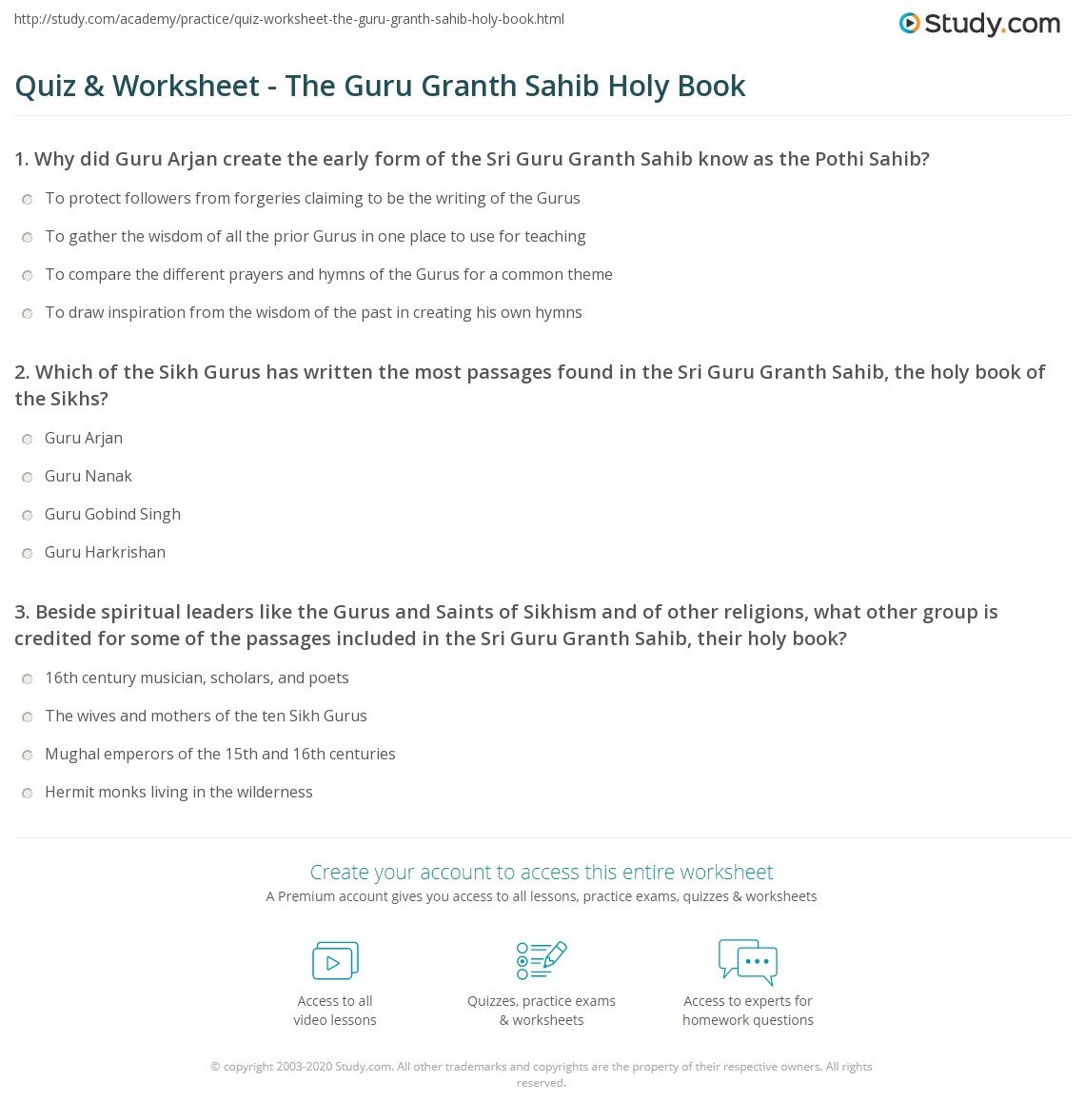 Quiz & Worksheet - The Guru Granth Sahib Holy Book | Study.com